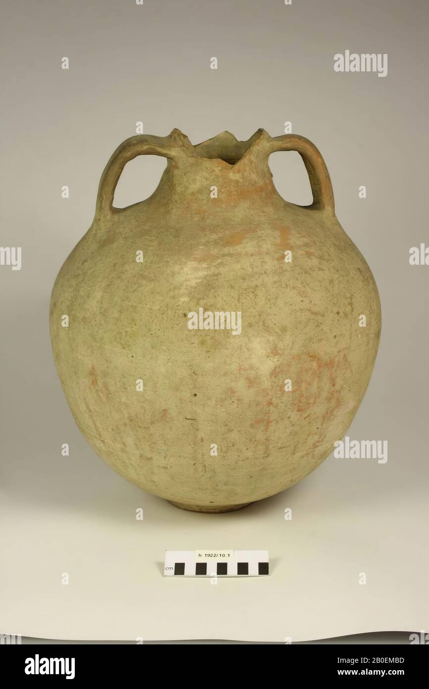 Big tubby amphora with 2 ears. Red earth with traces of dirty gray painting. The edge is missing ...