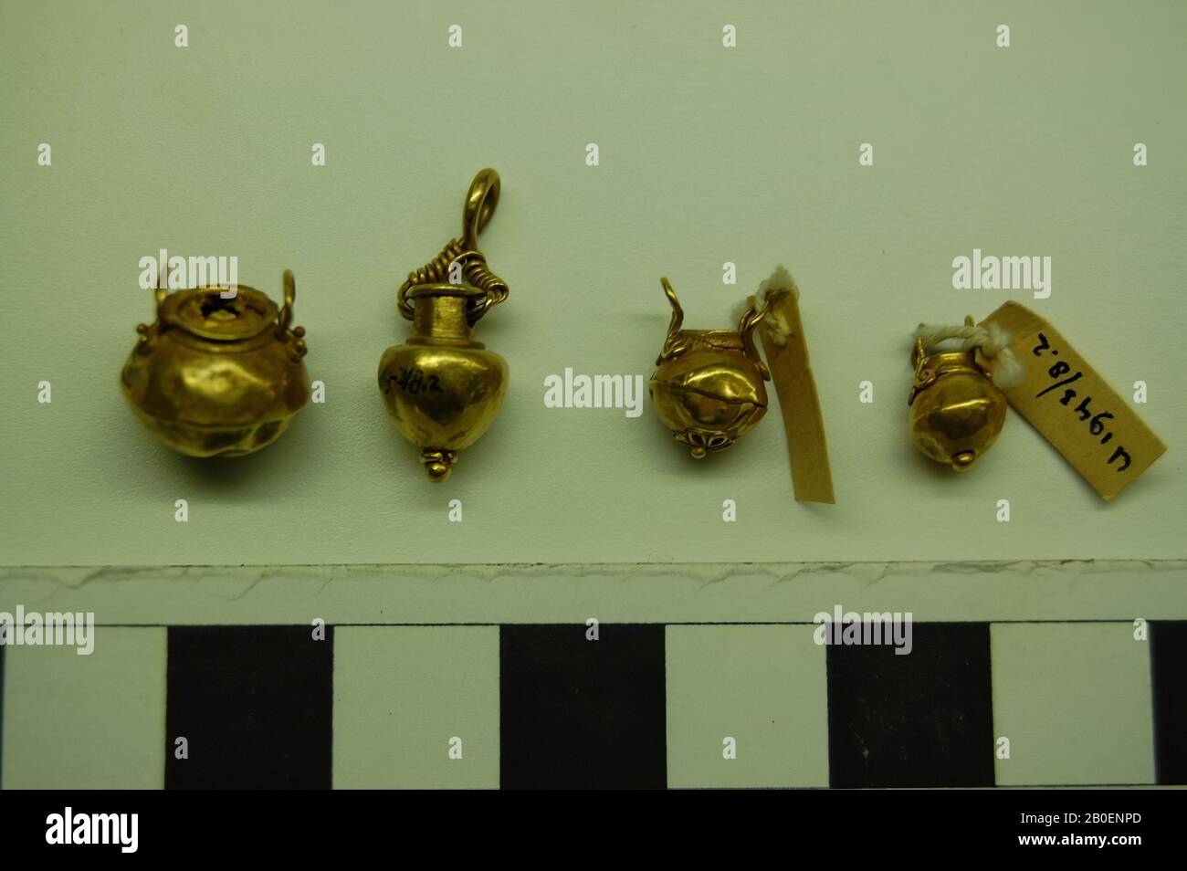 three miniature kettles and an amphora, pendants, metal, gold, diameter ...