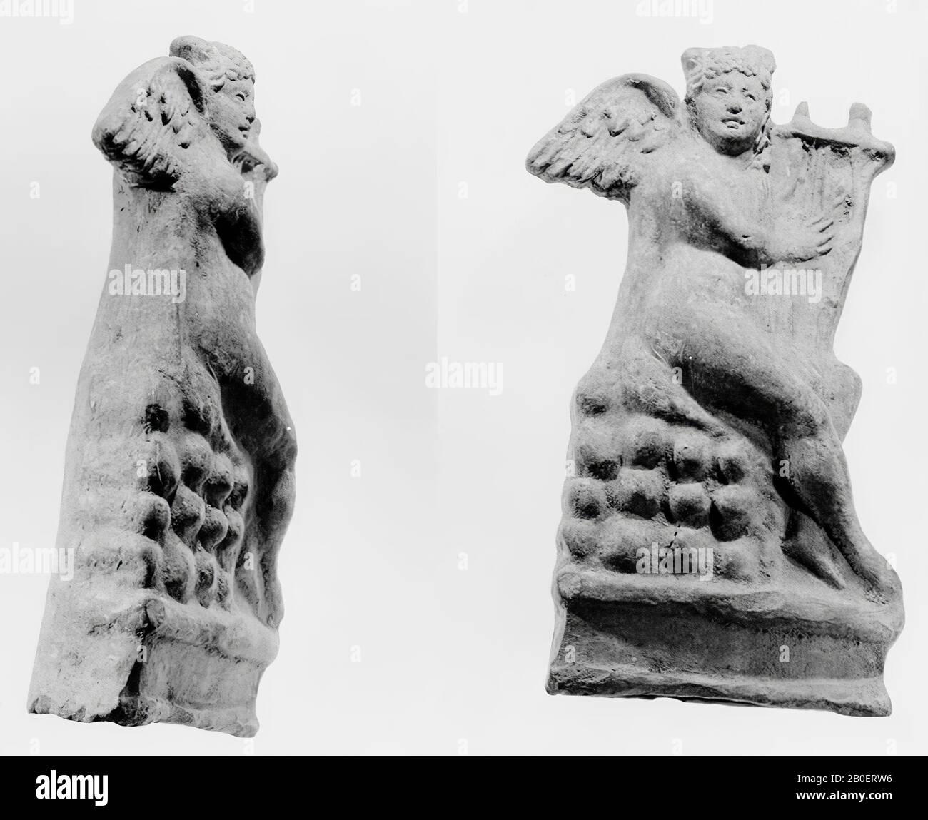 Figurine of Eros terracotta with cloak and cithara on a rock. Chips ...