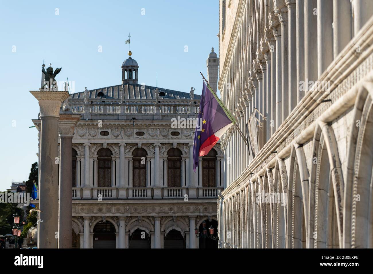 Flags of Italy and the European Union hanging on the doge palace in ...