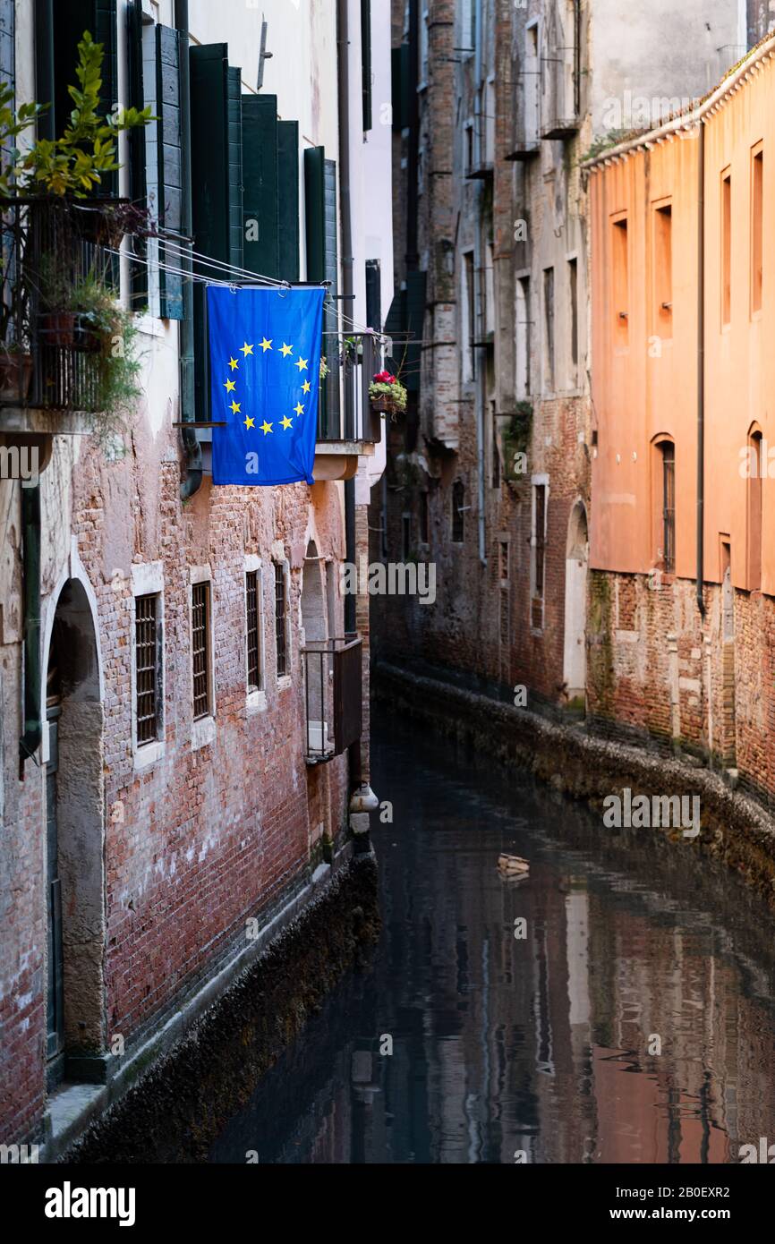 Flag of the European Union hanging on a house in Venice (Italy Stock ...
