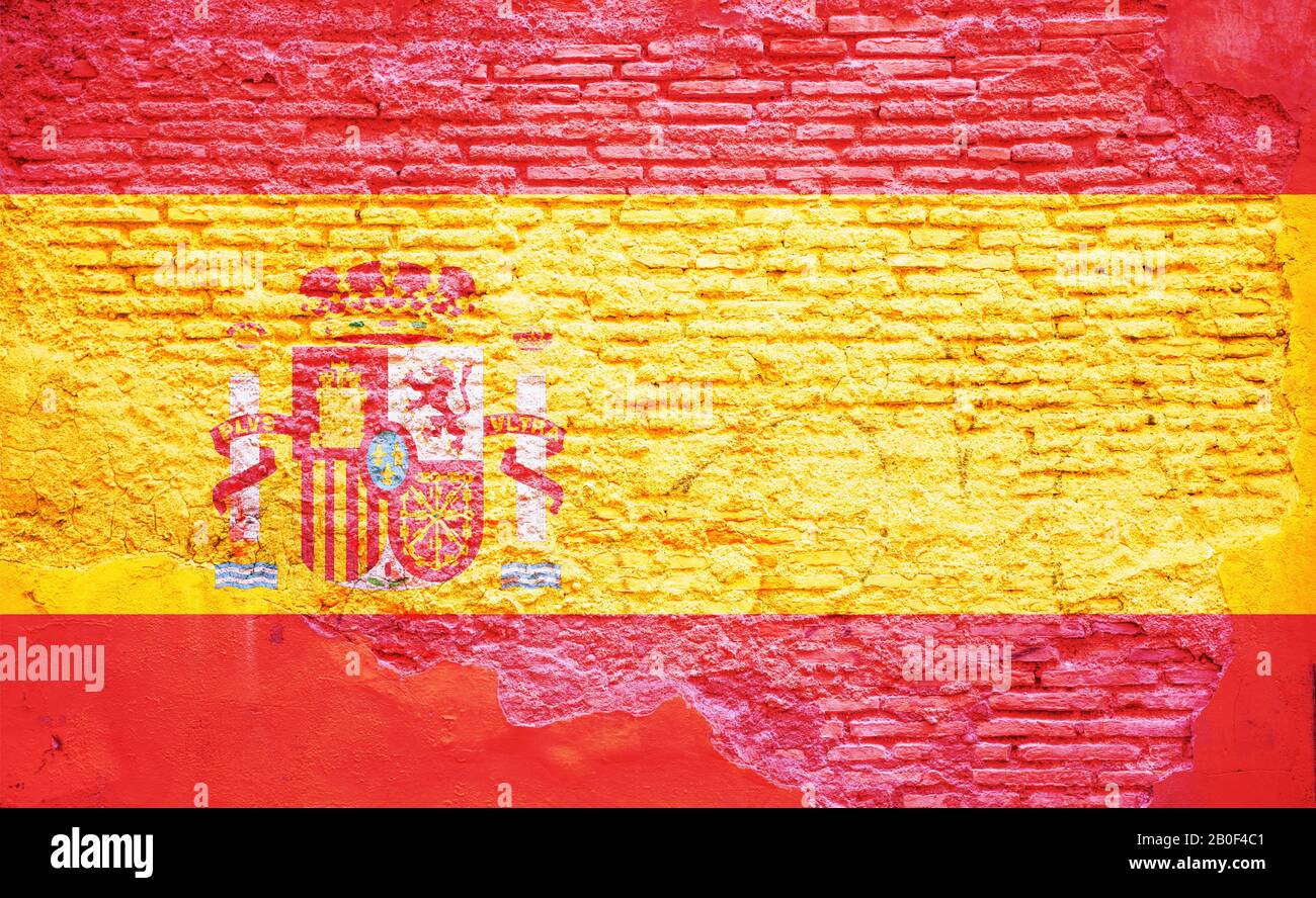 Spain flag on wall. Spanish flag painted on a grunge brick wall. Spain ...