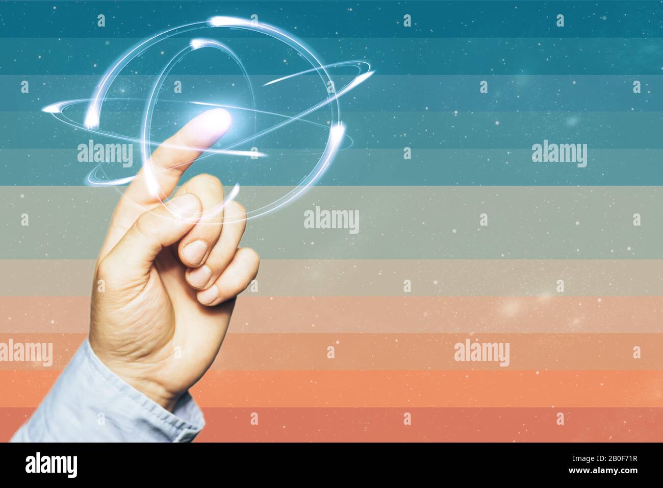 Beautiful abstract touches atom molecule with finger and geometric ...