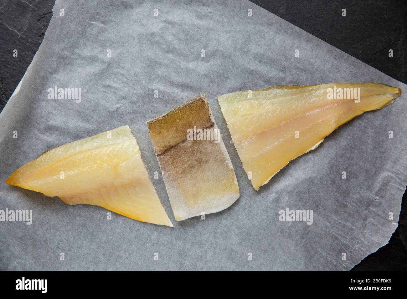 A smoked, undyed haddock fillet, Melanogrammus aeglefinus, bought from ...