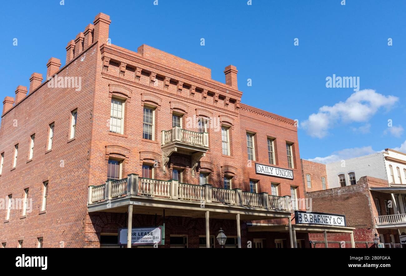 Historic riverfront buildings and wharf in Old Sacramento, California ...