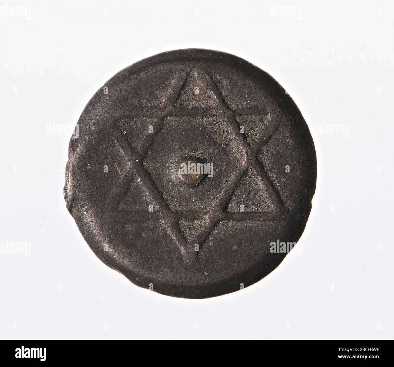 Bronze coin with on the front two intersecting equilateral triangles ...