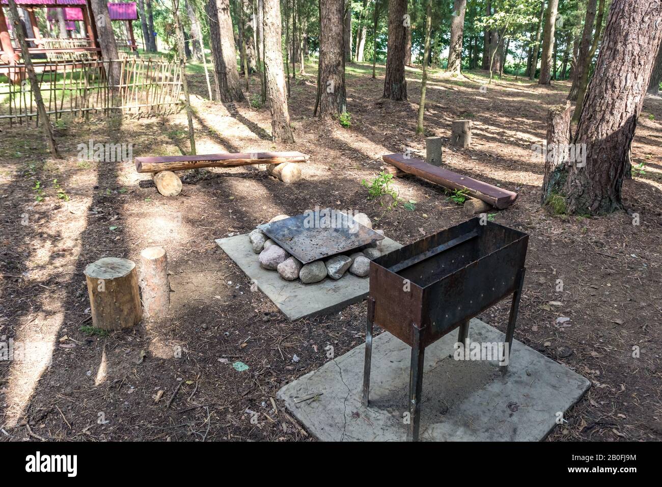 wooden camping arbors with all conviniences in a pine forest Stock ...