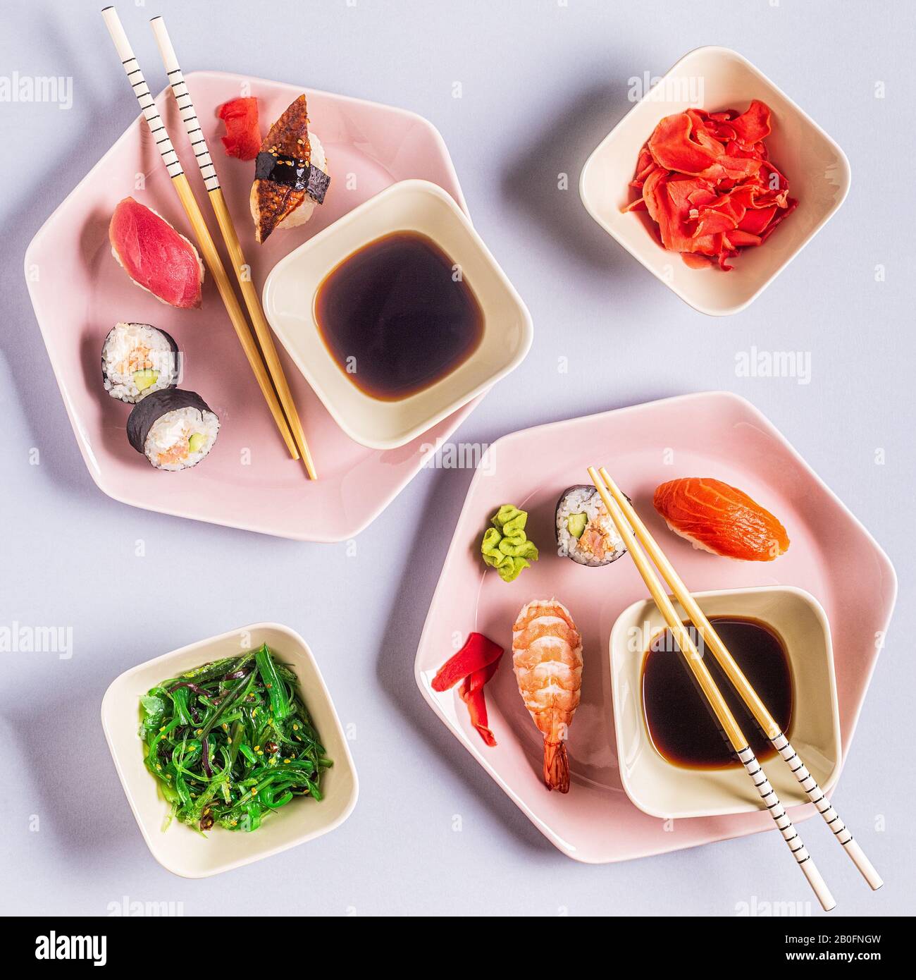 Table with traditional japanese food, top view Stock Photo - Alamy