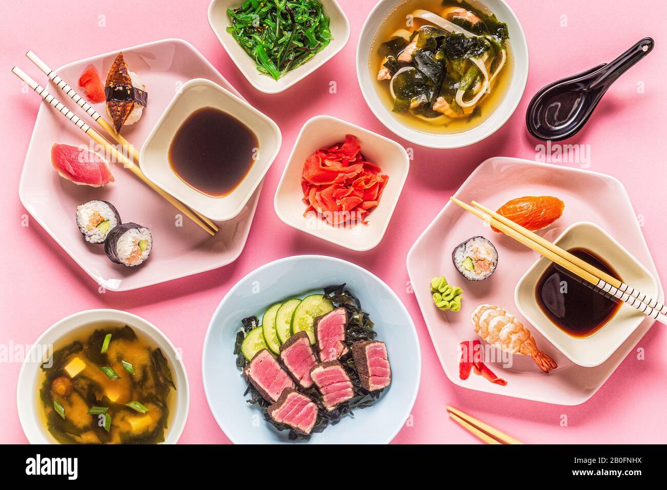 Table with traditional japanese food, top view Stock Photo - Alamy
