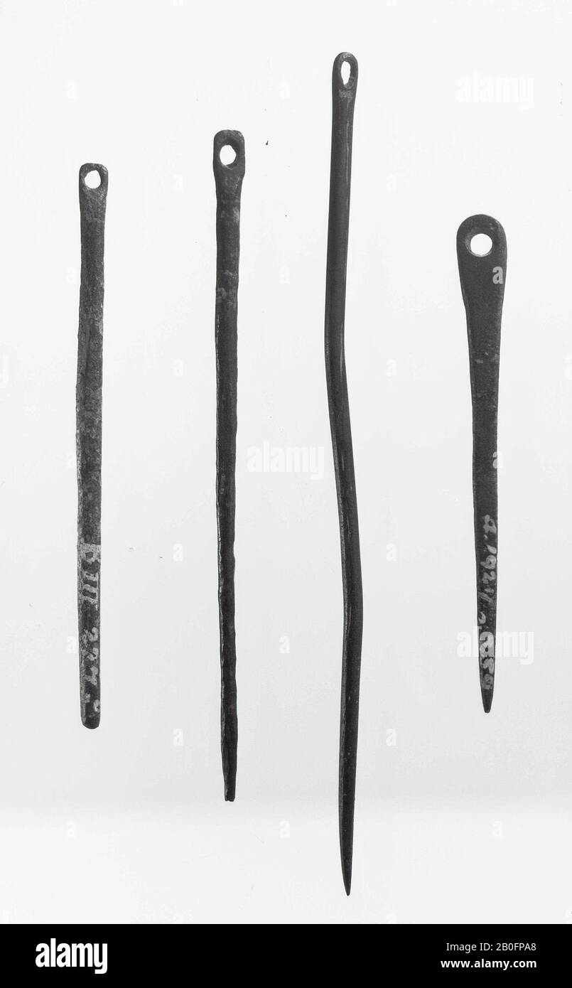 Bronze needle. The end is provided with a round hole, needle, metal ...