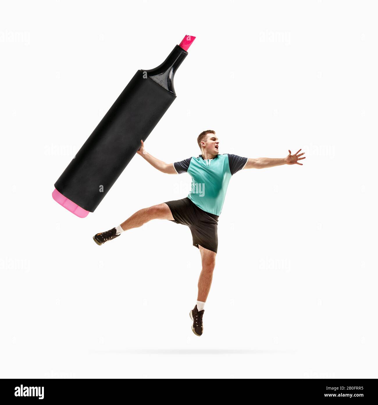 Handball player giving huge marker like ball in jump on white ...