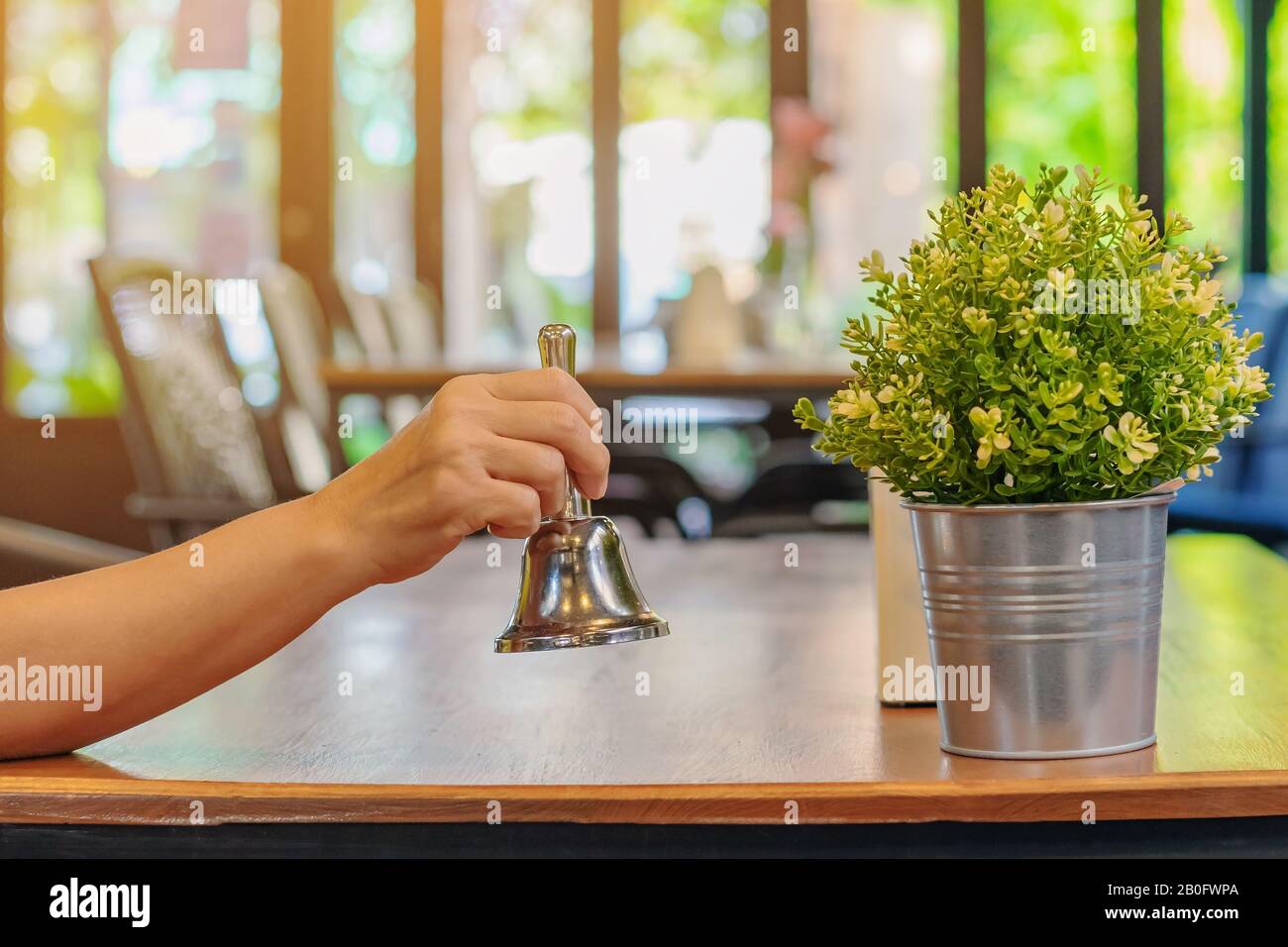The female client's right hand hold a small bell to shake for call the ...