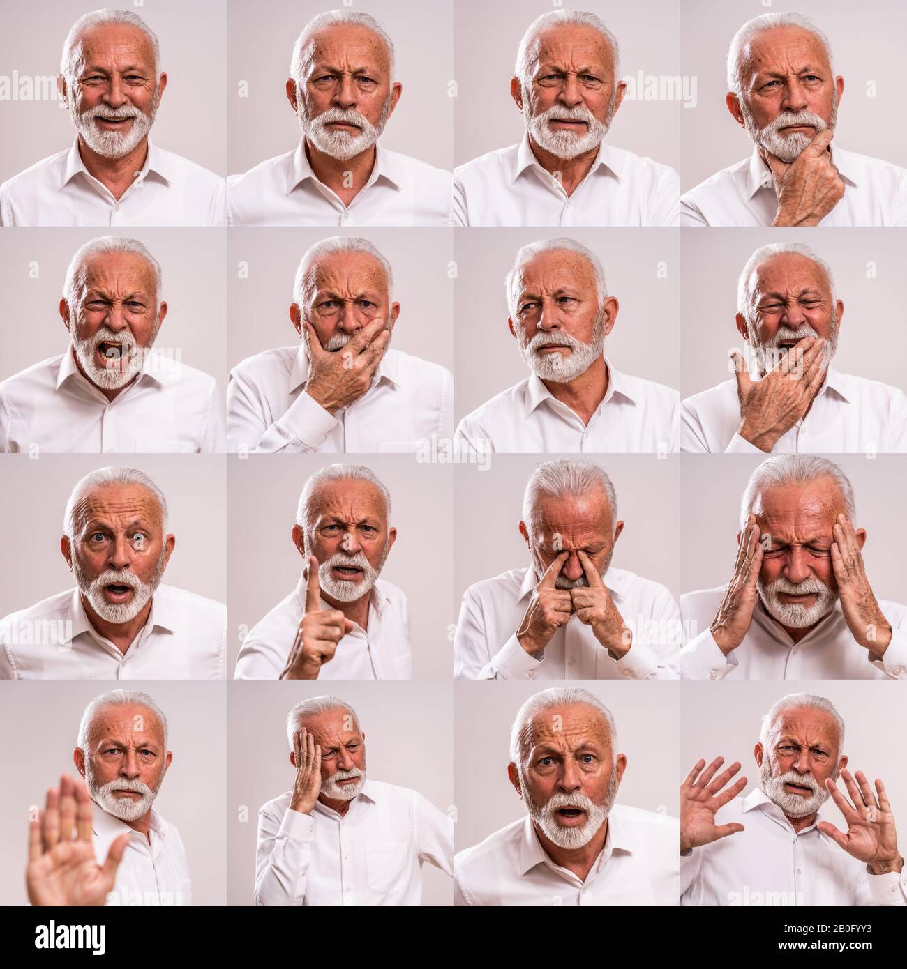 Collage of senior man portraits with variety of facial expressions ...