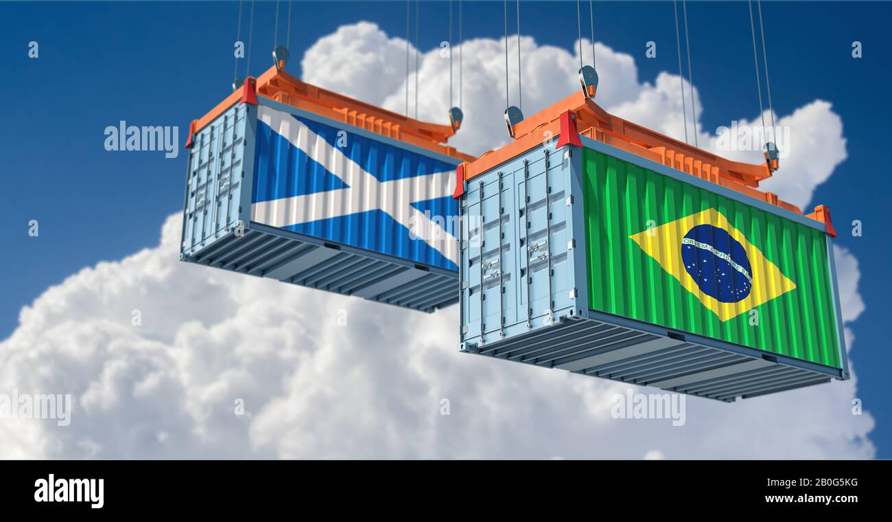 Freight container with Scotland and Brazil flag.3D Rendering Stock ...