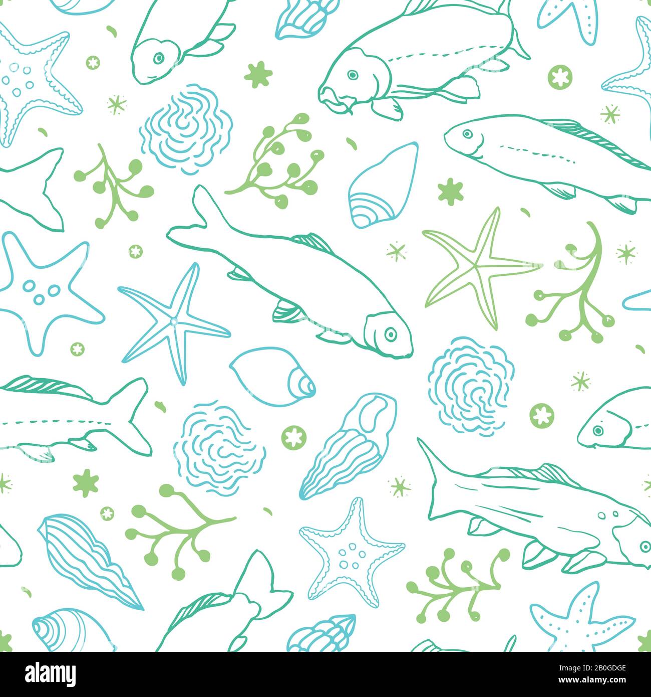 Sealife nautical line art pattern with fish, starfish, seaweed and wave ...
