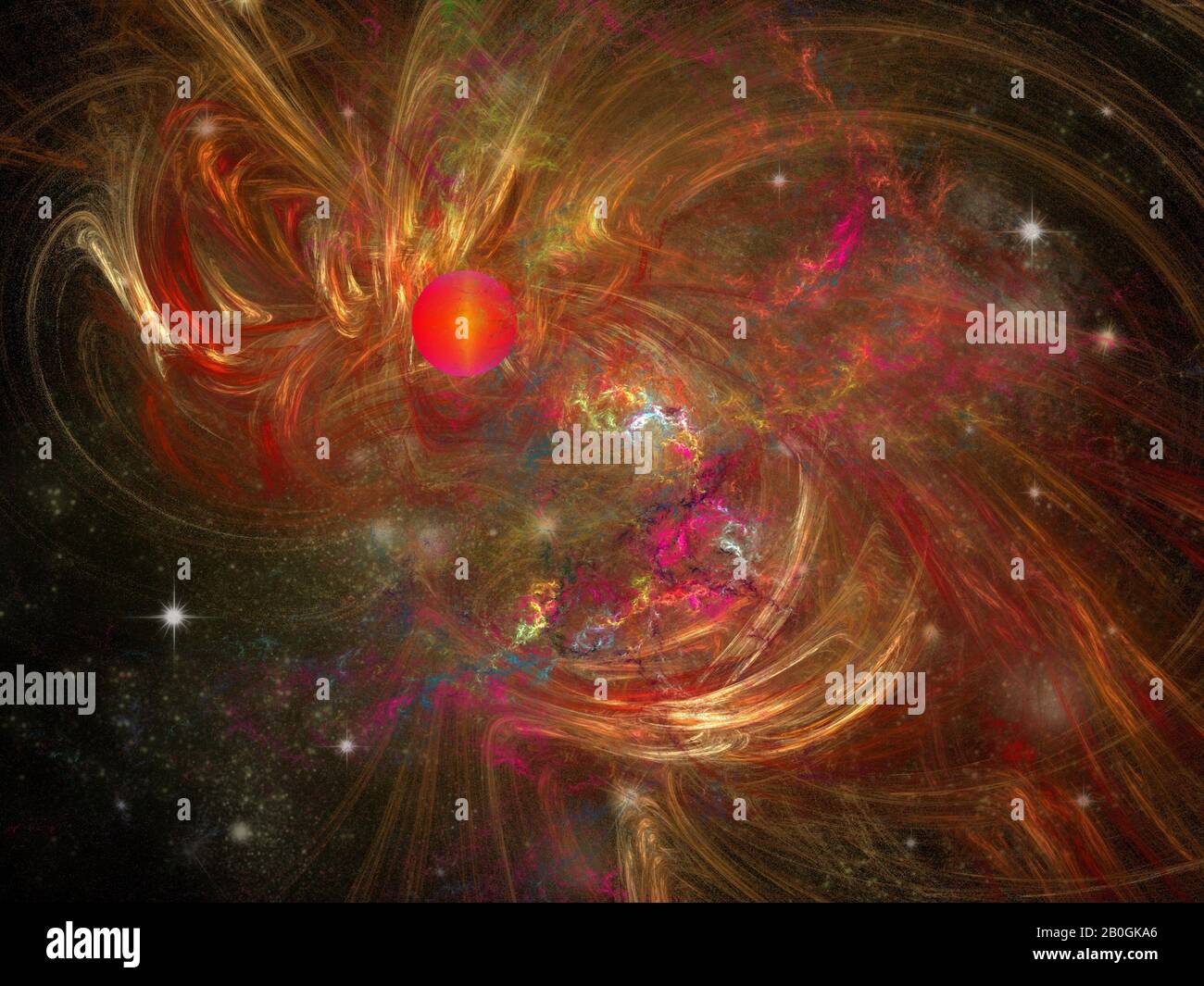 Imaginary image of a galaxy with red dwarf surrounded by galaxy clouds ...