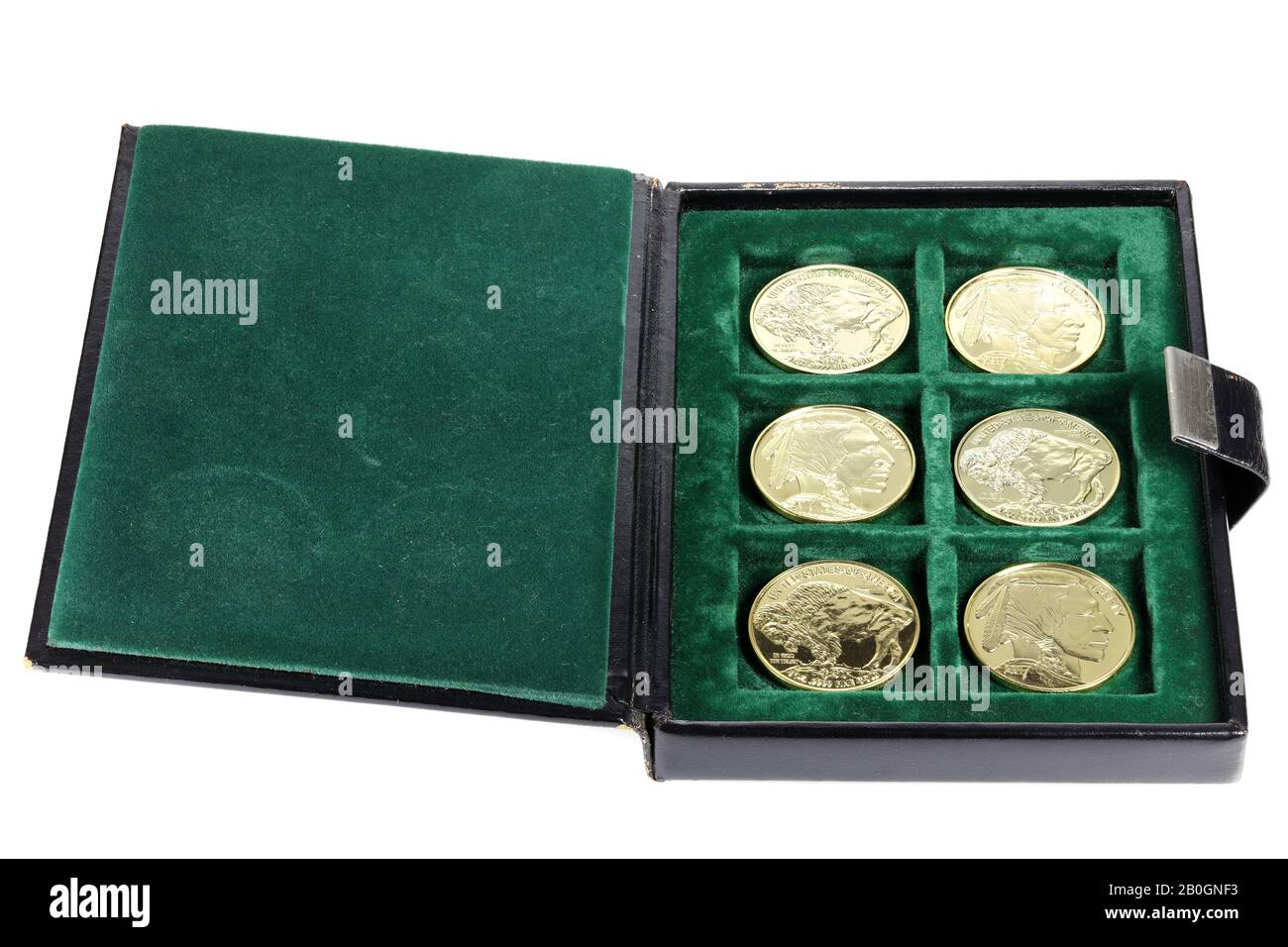 1 ounce American Buffalo gold bullion coins in a coin box isolated on ...