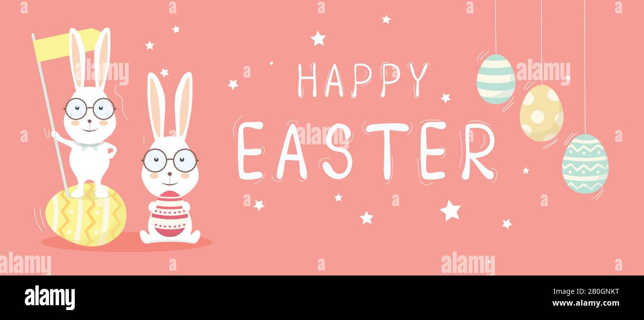 Happy Easter Banner, Header Set Design With Eggs And Bunnies Stock ...