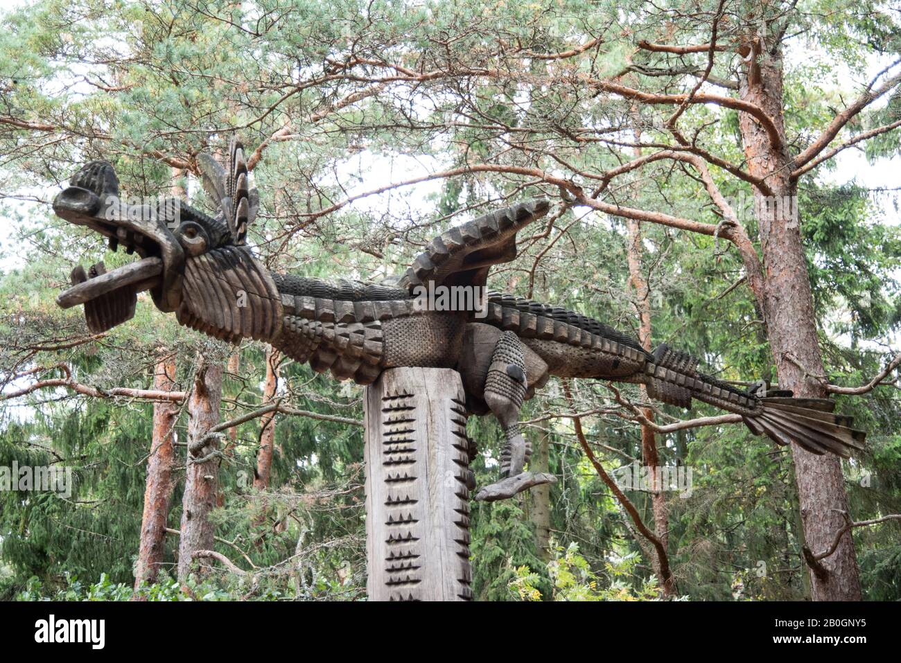 Wood carvings in the Hill of Witches, RaganunLalnus, Lithuania Stock ...