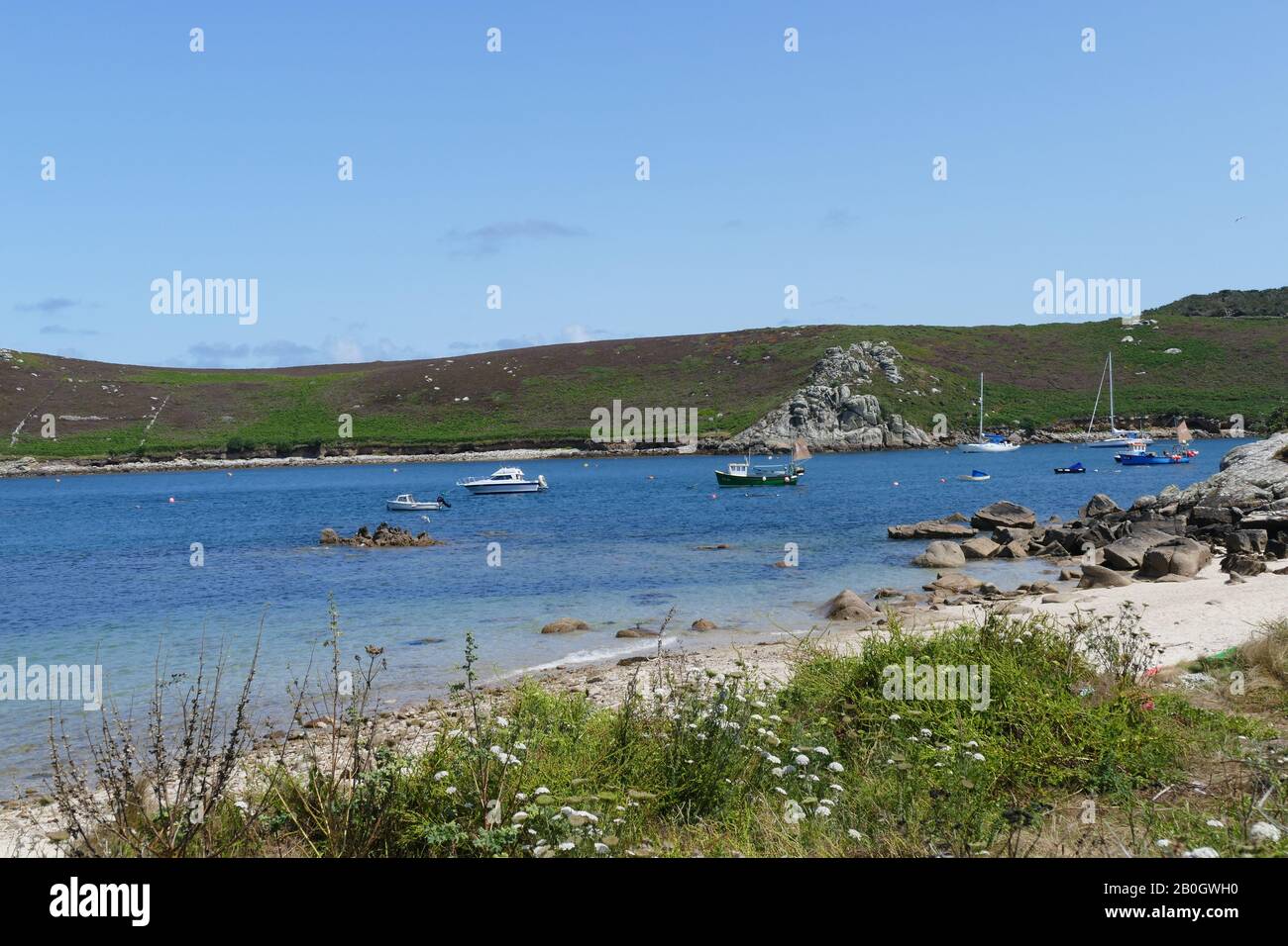 Tresco viewed from Bryher, Isles of Scilly, Cornwall, U.K Stock Photo ...
