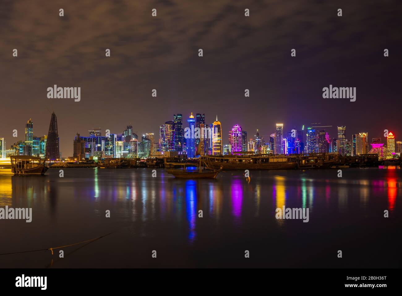 18 Juanuary 2020. Doha city skyline illuminated at night. Qatar, Middle ...