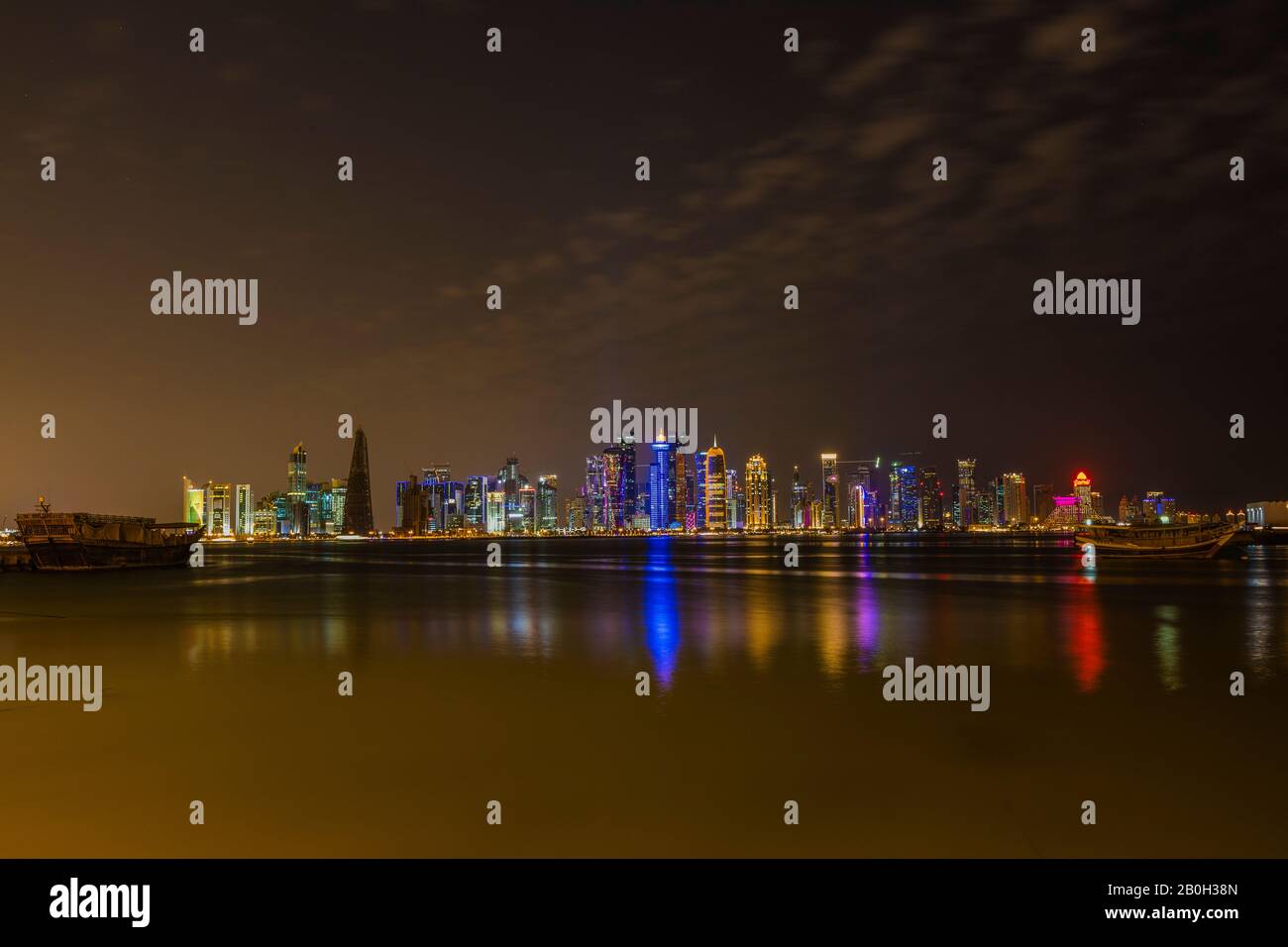 18 Juanuary 2020. Doha city skyline illuminated at night. Qatar, Middle ...