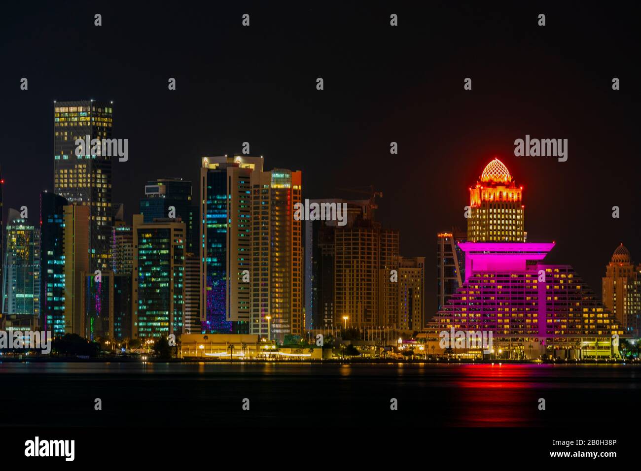 18 Juanuary 2020. Doha city skyline illuminated at night. Qatar, Middle ...