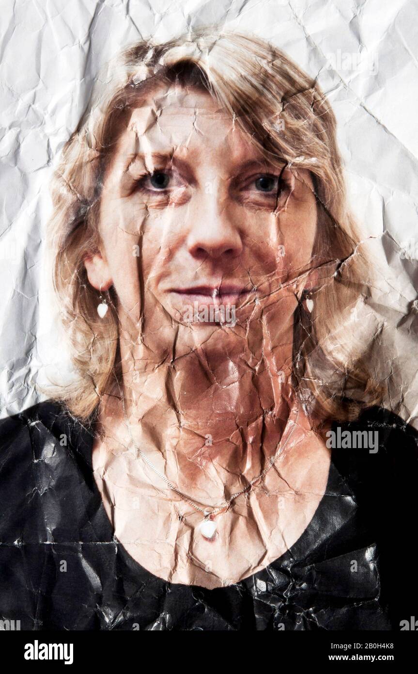 woman portrait printed on paper and crumpled - ageing concept Stock ...