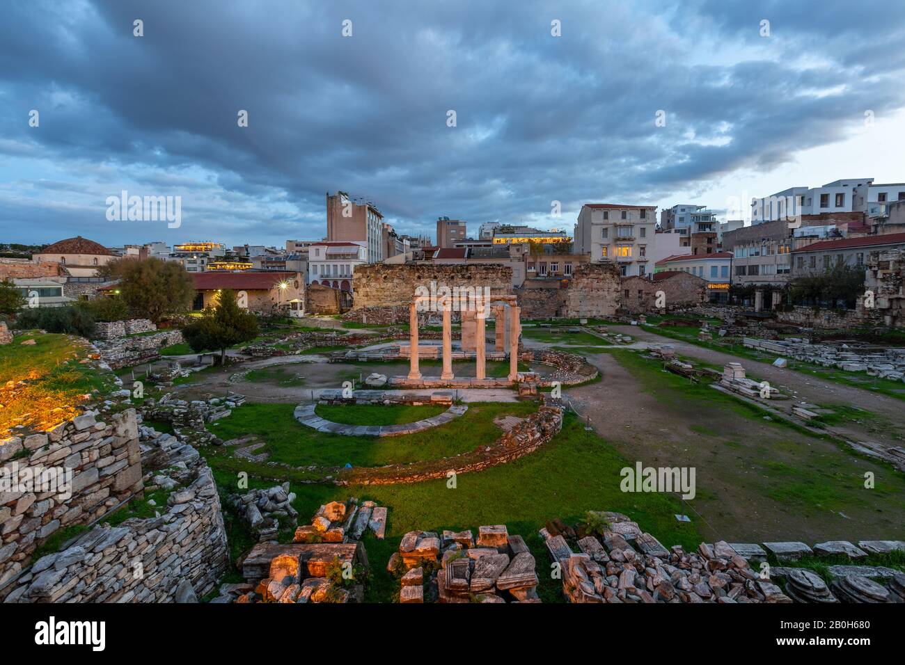 Remains of Hadrian's Library in the old town of Athens, Greece Stock ...