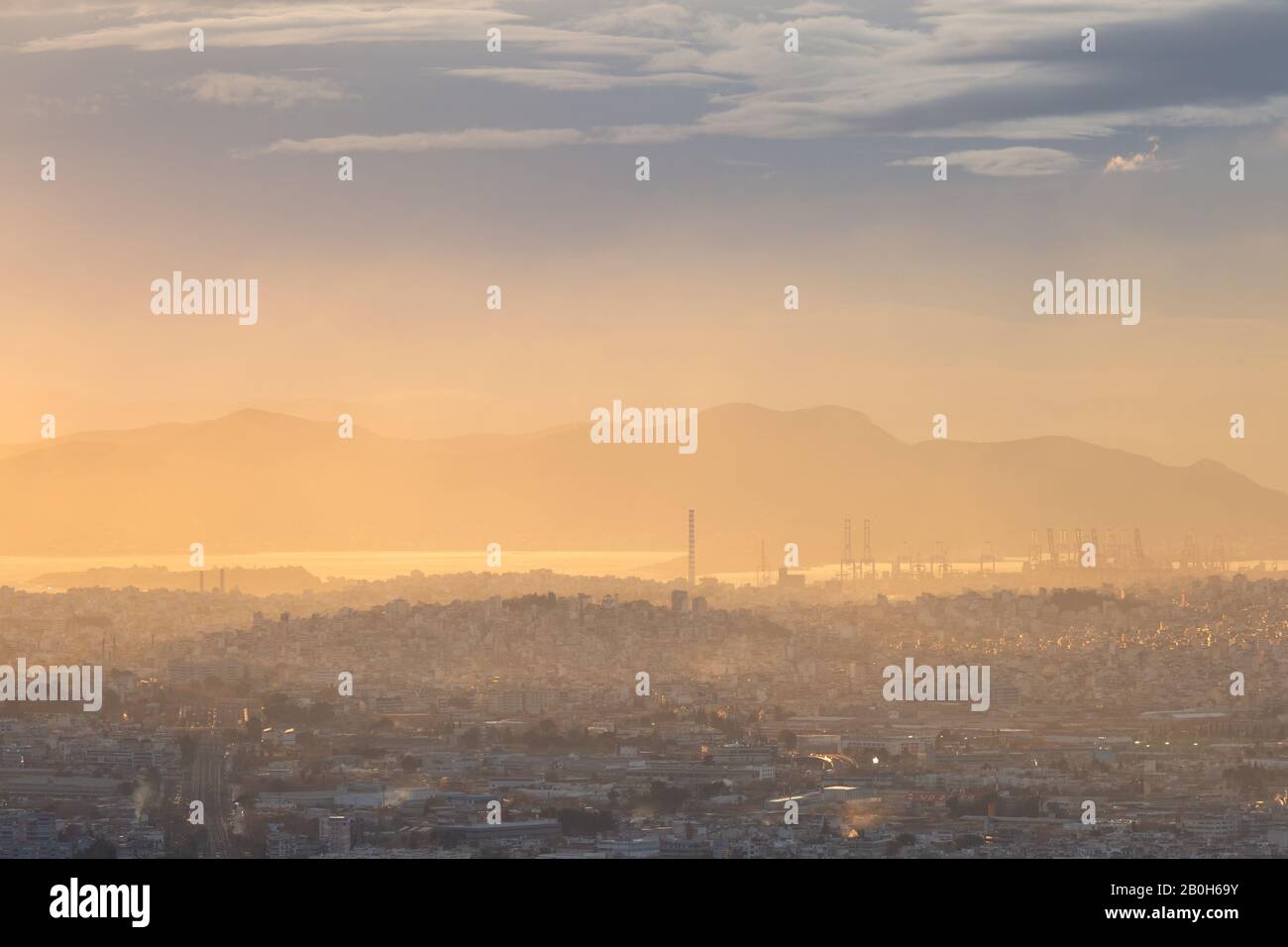 View of Athens, port of Piraeus and Salamina island from Lycabettus ...