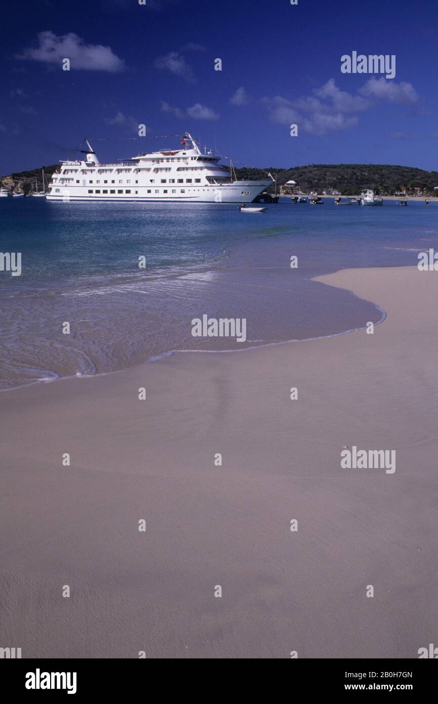 ANGUILLA, CRUISE SHIP YORKTOWN CLIPPER ALONGSIDE DOCK, WHITE SAND BEACH ...