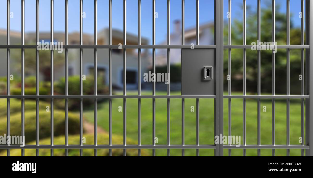 House safety, anti theft protection concept. Metal fence with steel ...