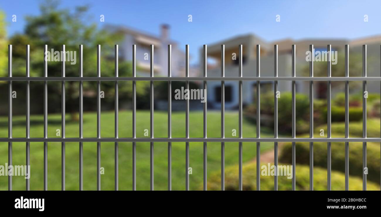 House safety, anti theft protection concept. Metal fence with steel ...