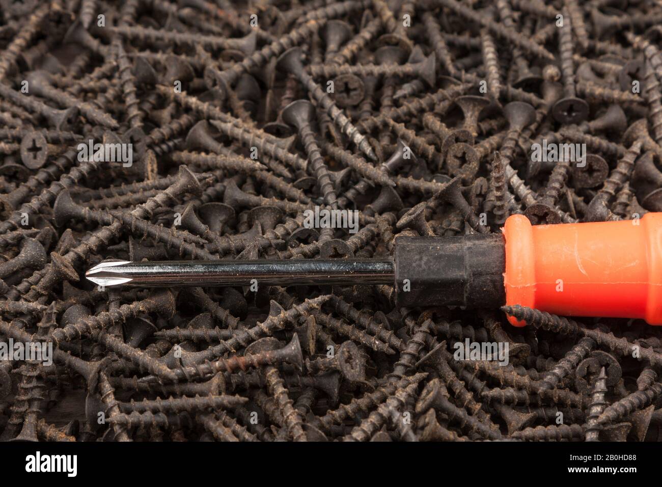 Screwdriver lying on metal screws as a background. Industrial ...