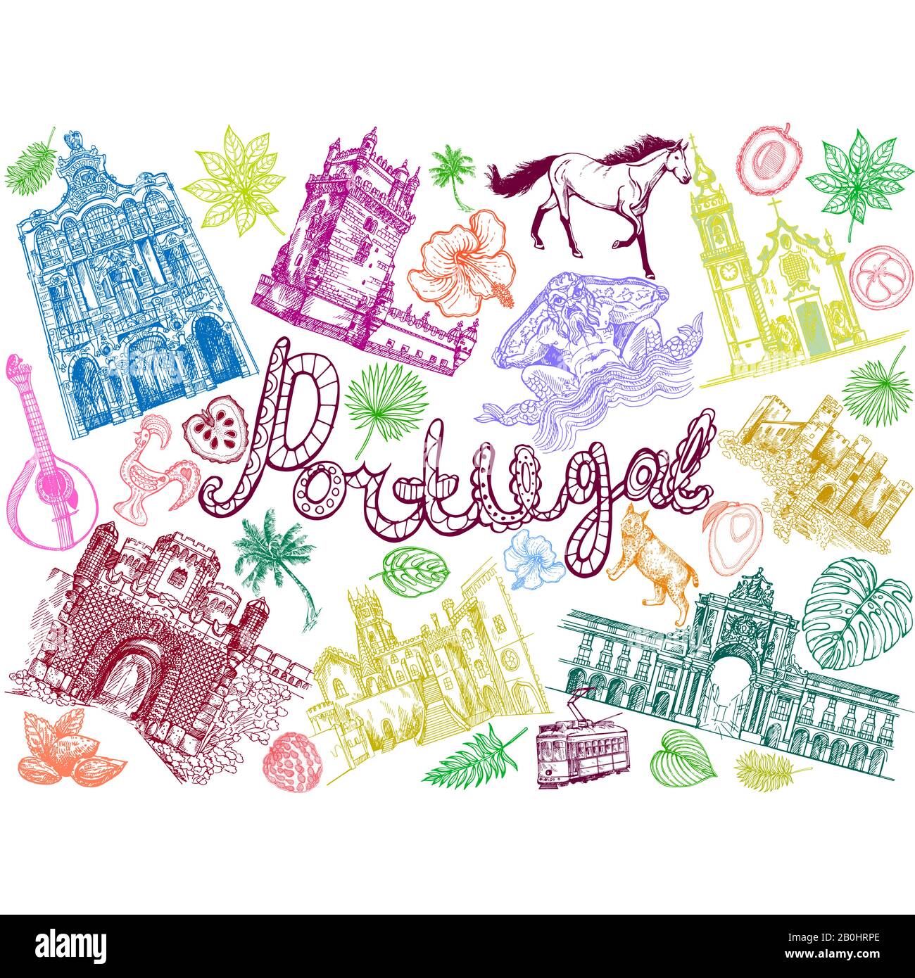 Set of hand drawn sketch style Portugal related colorful objects ...