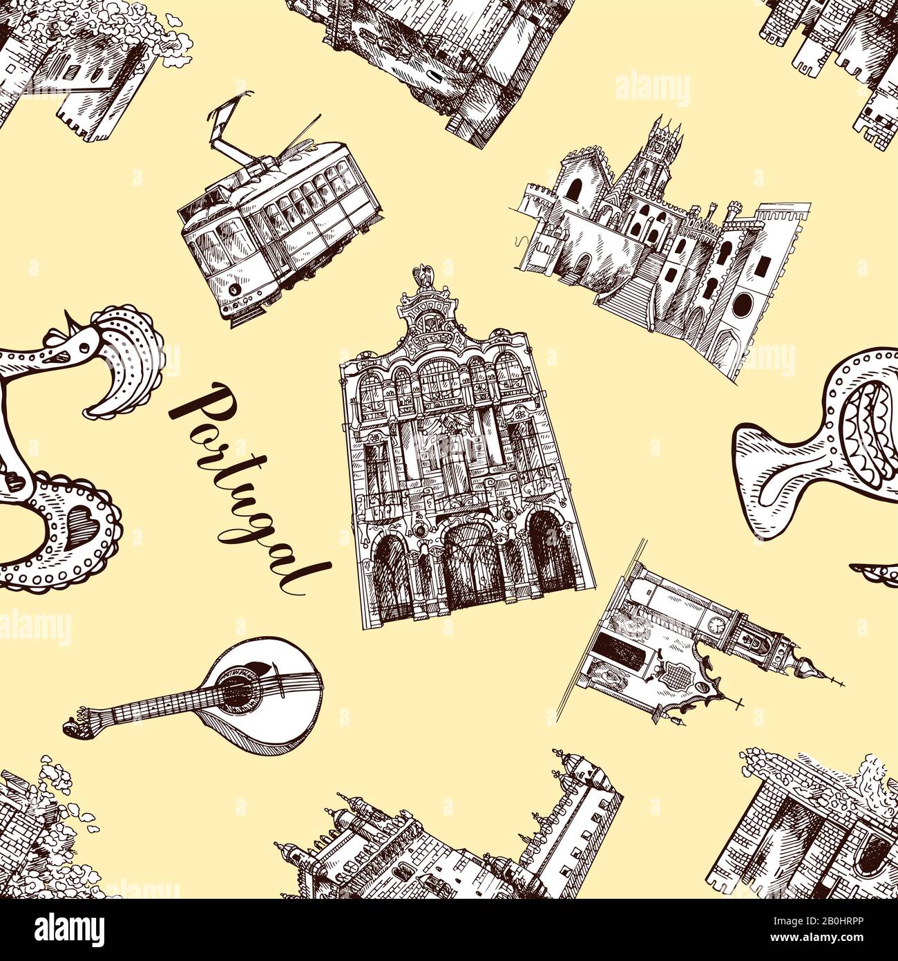 Seamless pattern of hand drawn sketch style Portugal related objects ...