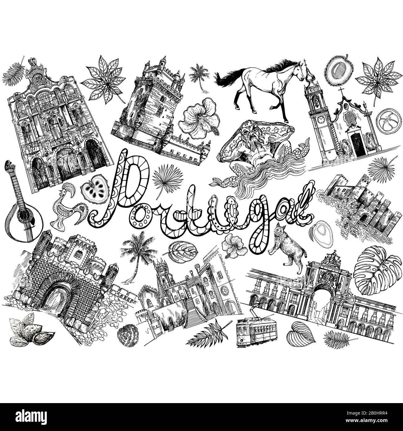 Set of hand drawn sketch style Portugal related objects isolated on ...