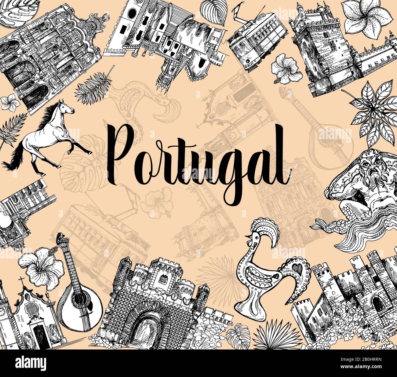Poster card composition of hand drawn sketch style Portugal related ...