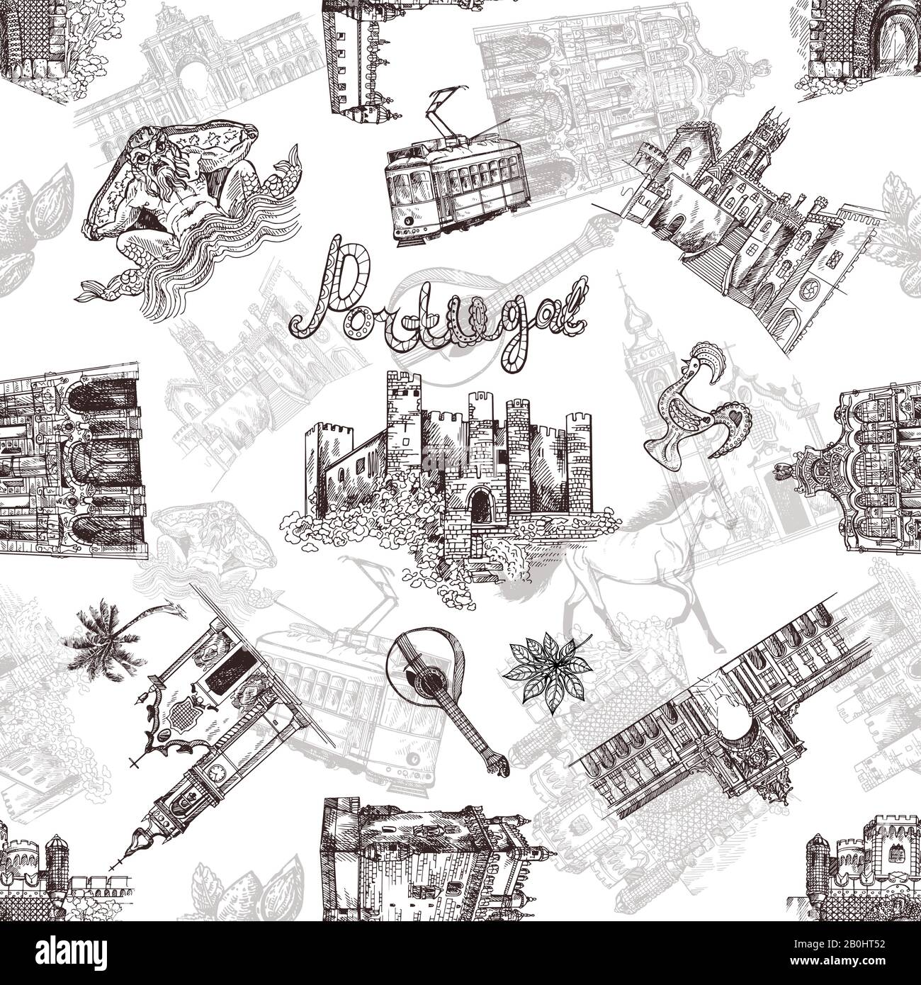 Seamless pattern of hand drawn sketch style Portugal related objects ...