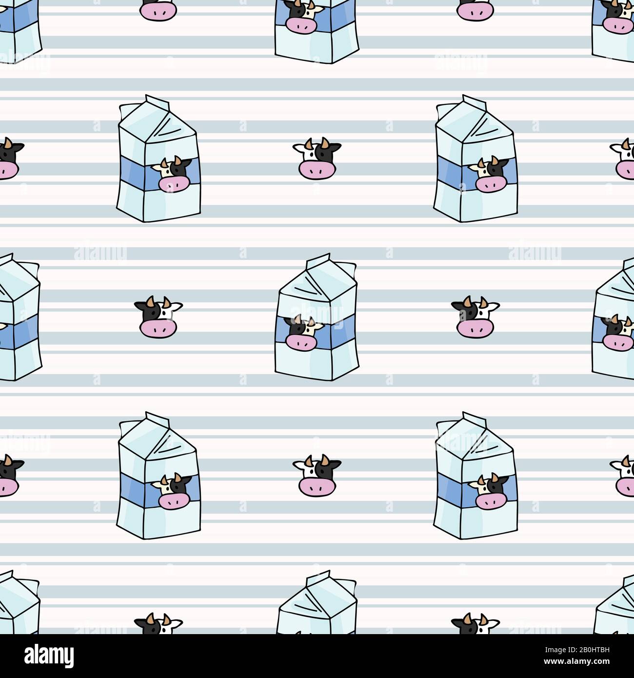 Hand drawn dairy cute cow face and milk carton seamless vector pattern ...