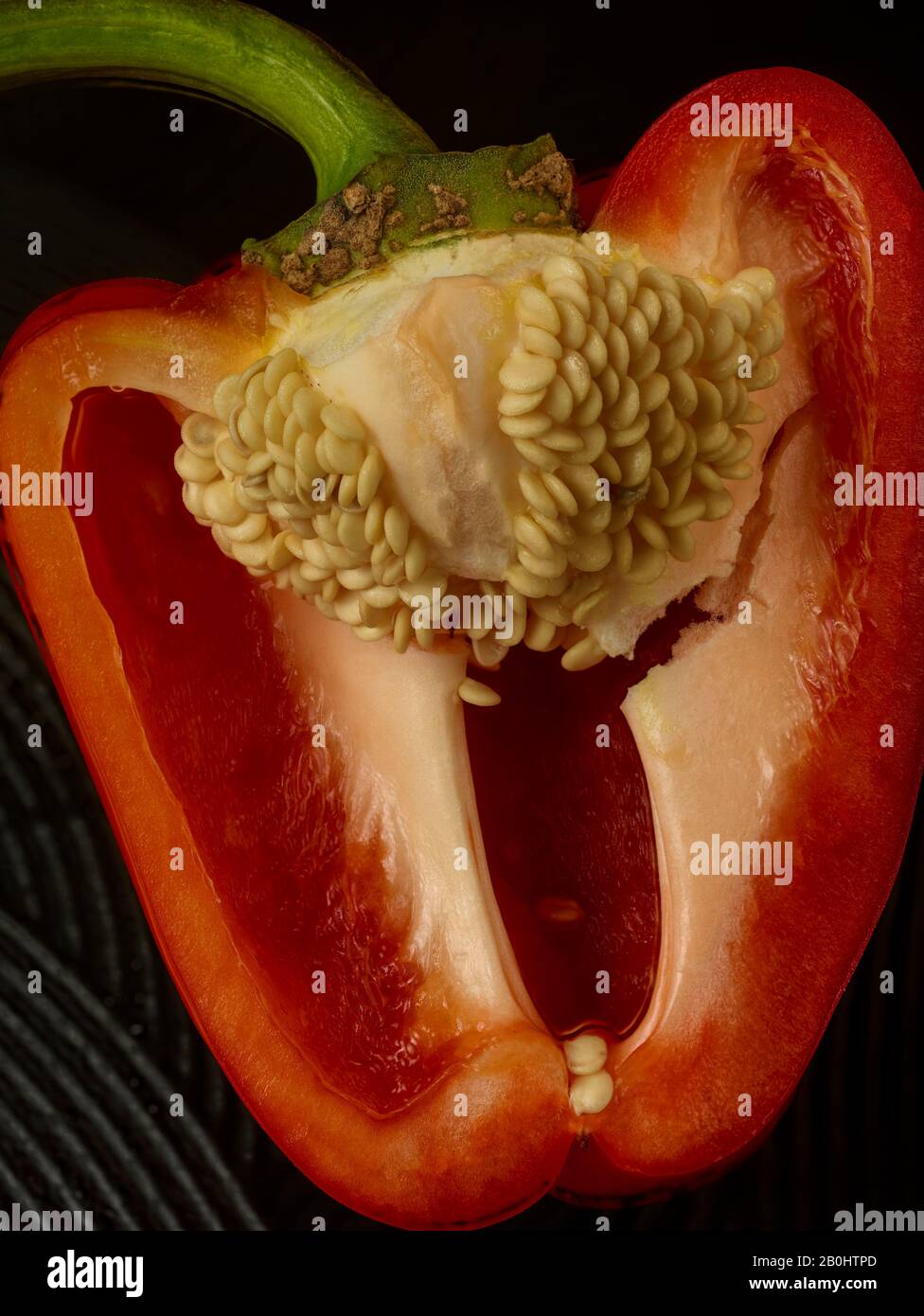 Red sweet pepper food close up portrait showing internal seeds on dark ...