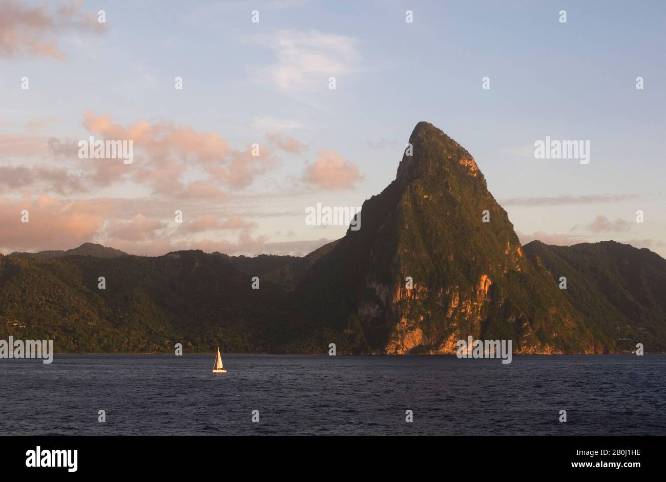 ST. LUCIA ISLAND, VIEW OF PITONS IN EVENING LIGHT, PEAKS (ST. LUCIAS ...
