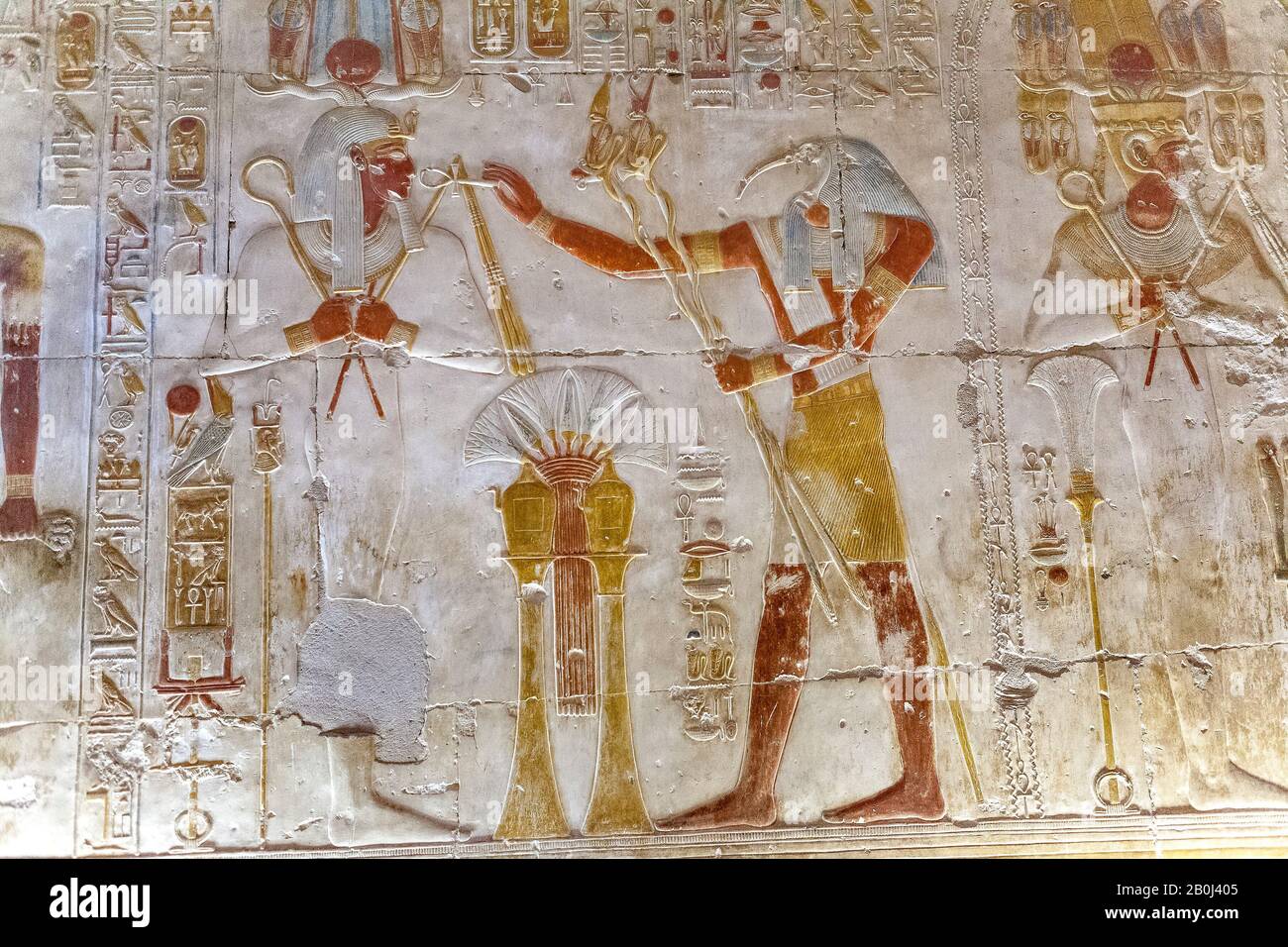 Thoth offering the ankh to Seti I in the Great Temple of Abydos Stock ...