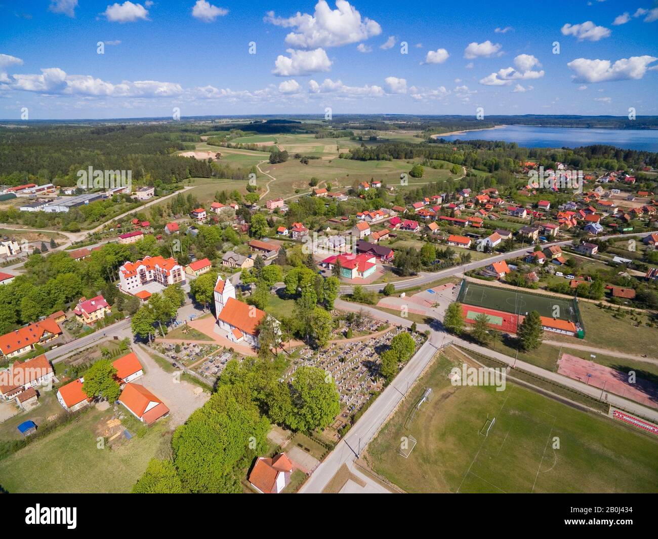 Aerial view of beautiful Kruklanki village, Mazury, Poland (former ...