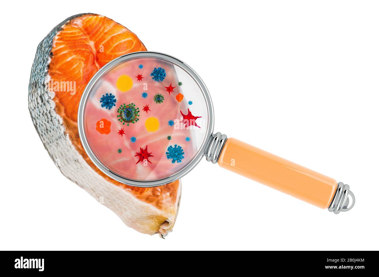 Red fish with germs, microbes or viruses under magnifying glass, 3D ...