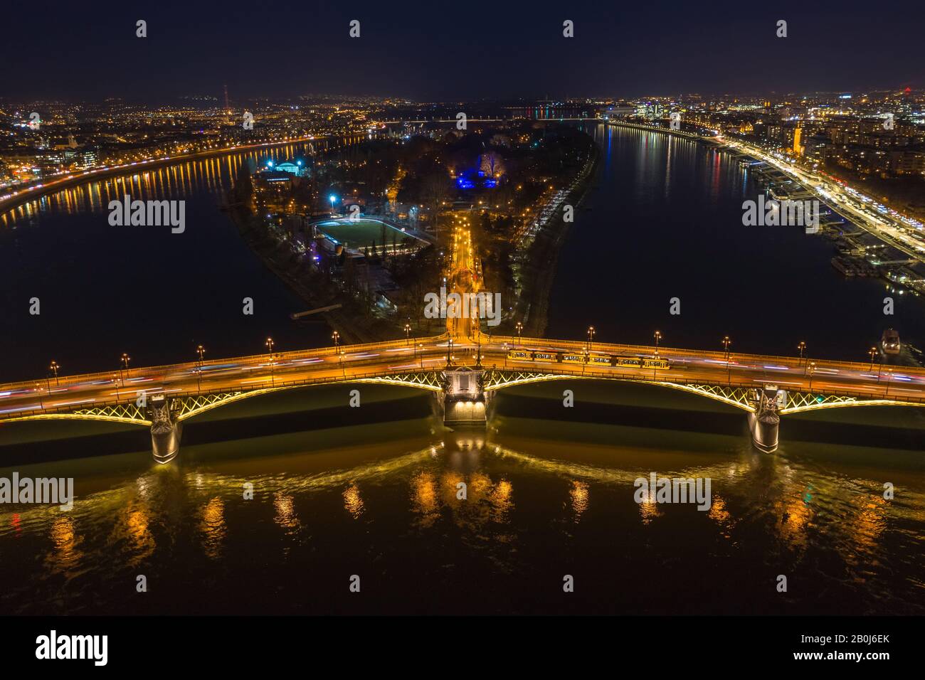 Budapest, Hungary - Aerial view of the illuminated Margaret Bridge with ...