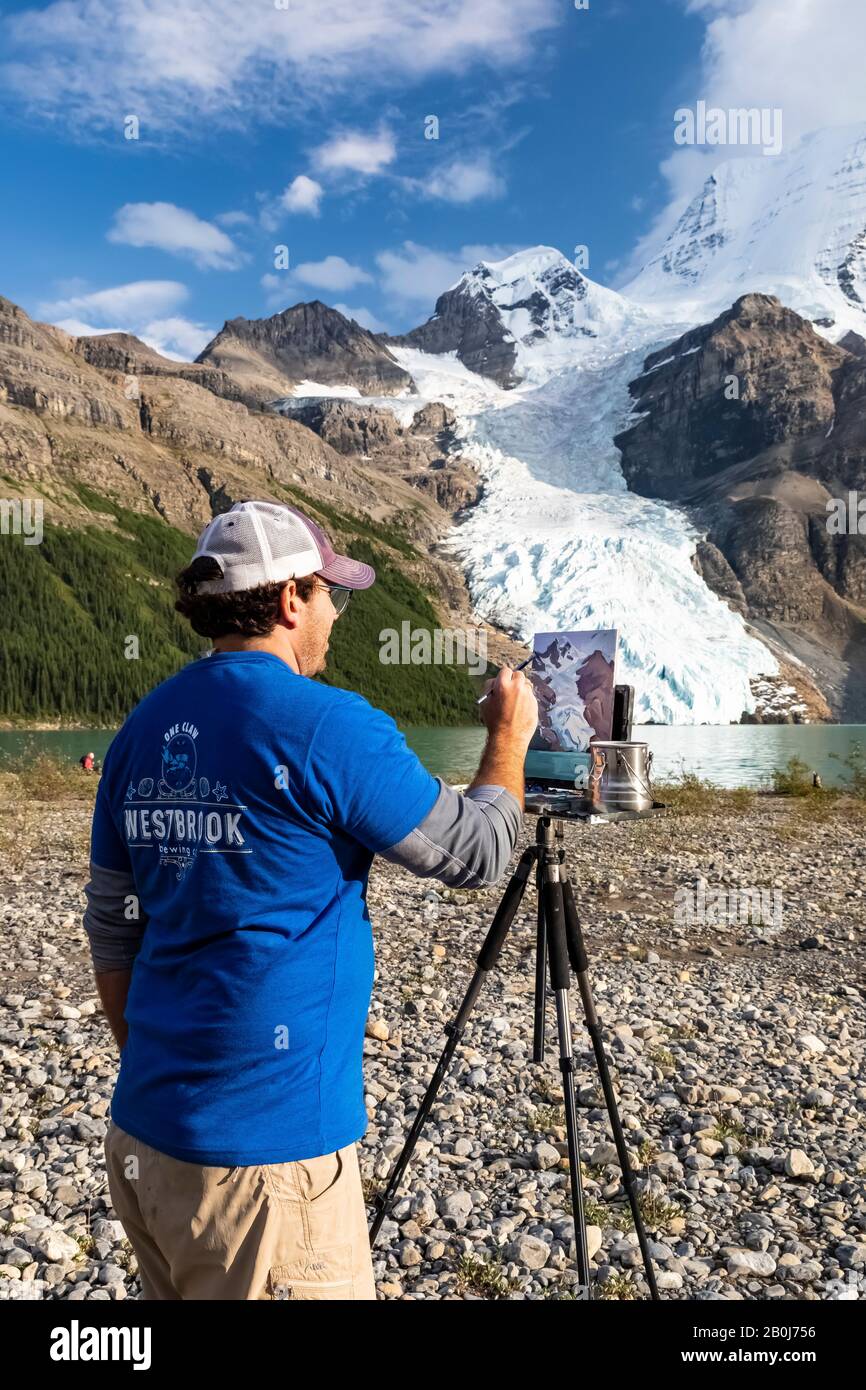 Plein air oil painter Michael Griffin creating a painting of Berg Lake ...