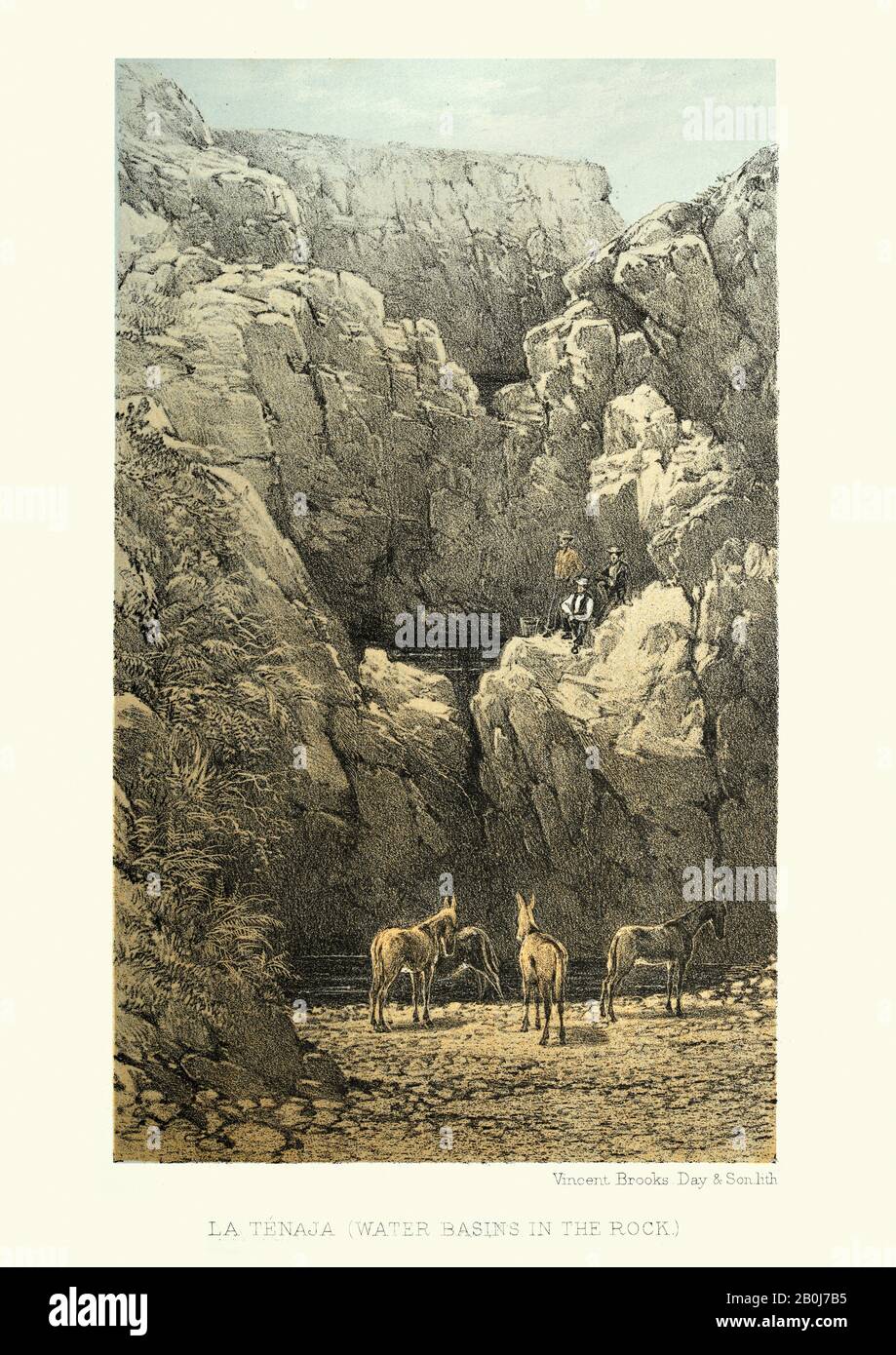 Vintage engraving of La Tenaja, Water basins in the rock, American west ...
