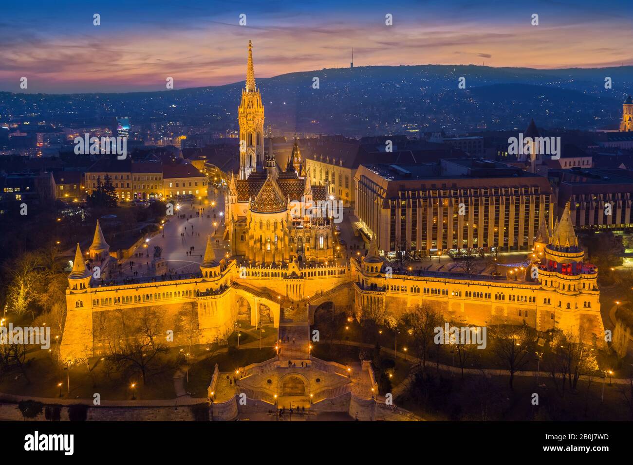 Budapest, Hungary - Aerial view of the famous illuminated Fisherman's ...