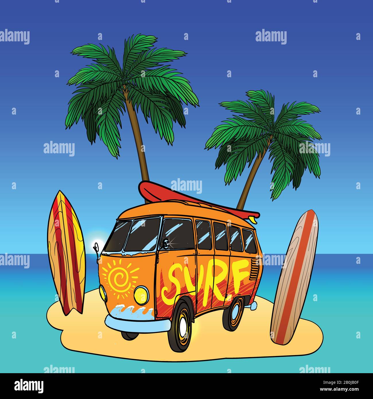 Old fashion bus with palm trees. Retro surf bus, surf symbols. Hawaii ...